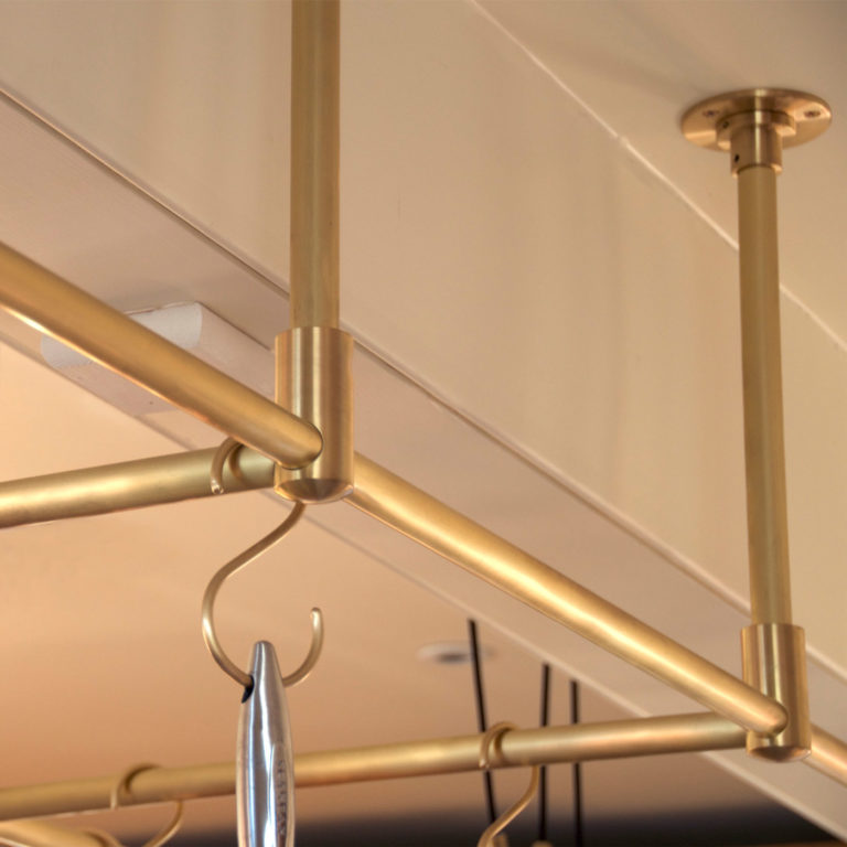 Brass Pot Rack | Ceiling Mounted Pot Rack | Overhead Pan Rack
