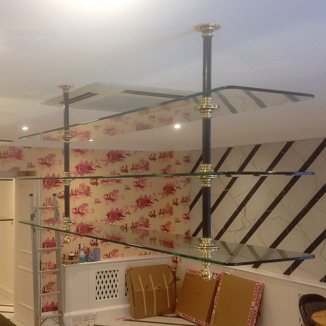 Nickel Plated Ceiling Rack With Glass Shelves | Andrew Nebbett Designs