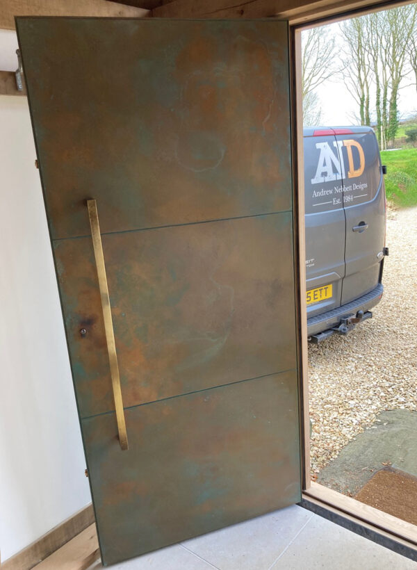 Bespoke Patinated Copper and Zinc Clad Front Door - Andrew Nebbett Designs