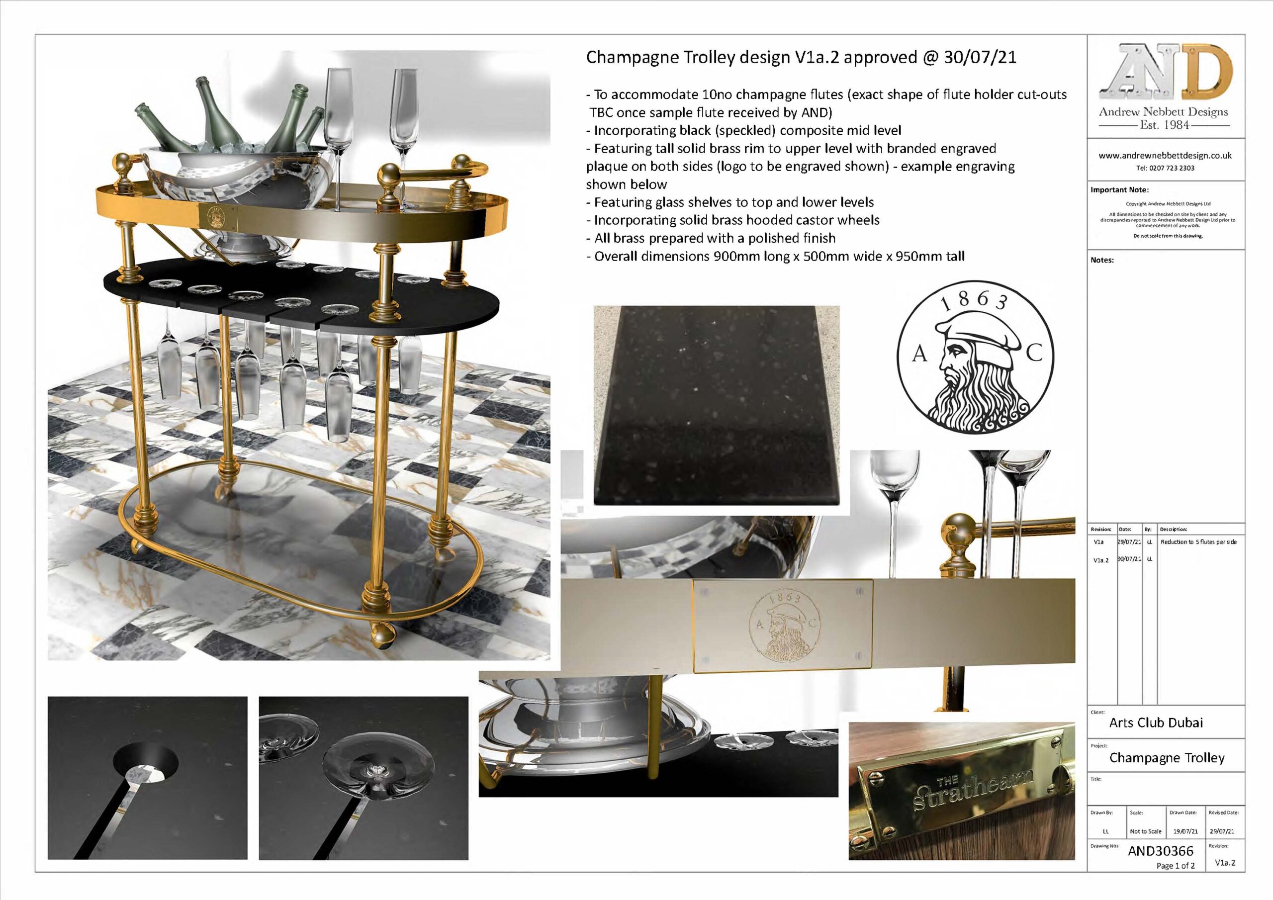 Bespoke Polished Brass Champagne Trolley - Andrew Nebbett Designs