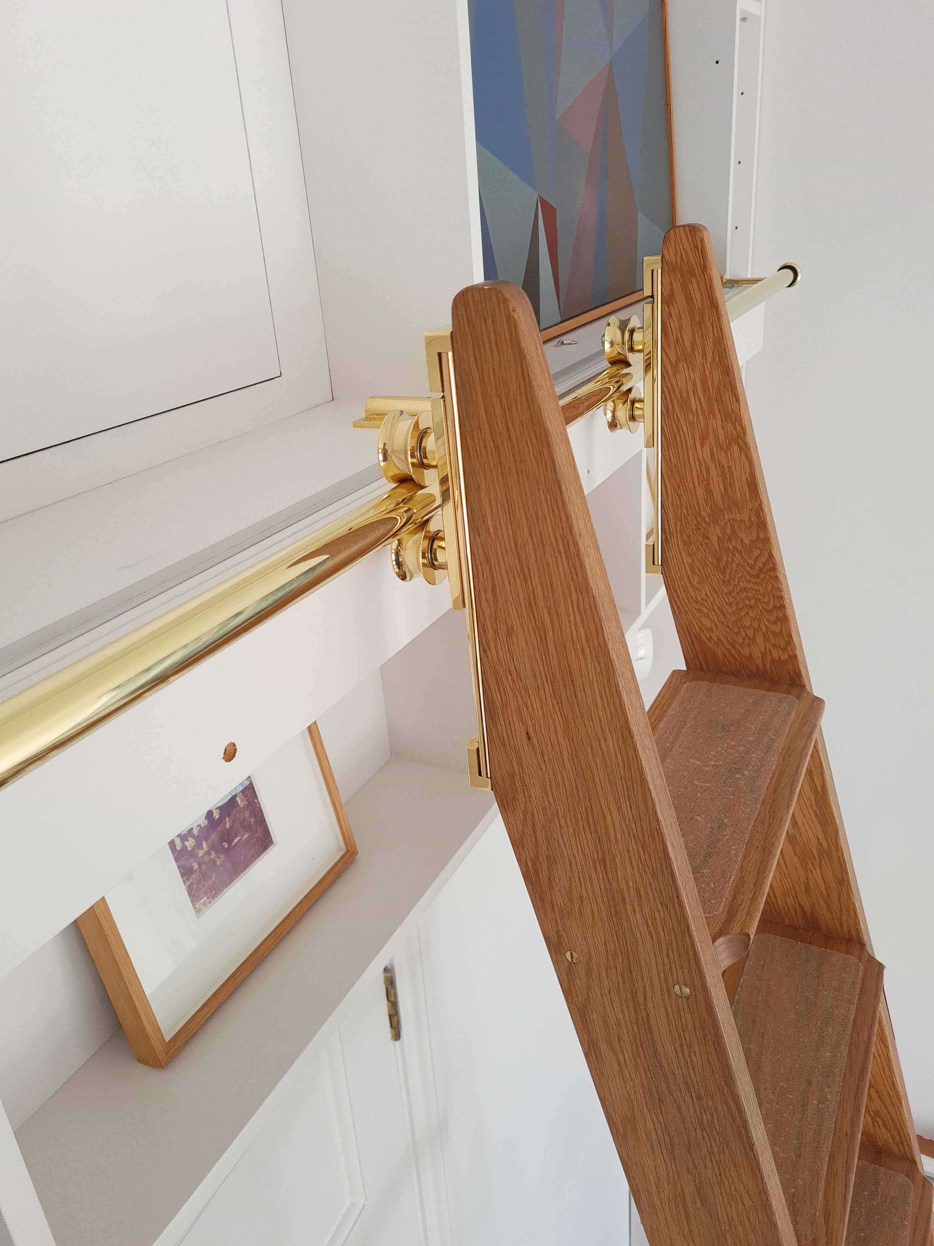 Bespoke Wooden Retractable Rolling Library Ladder - Andrew Nebbett Designs