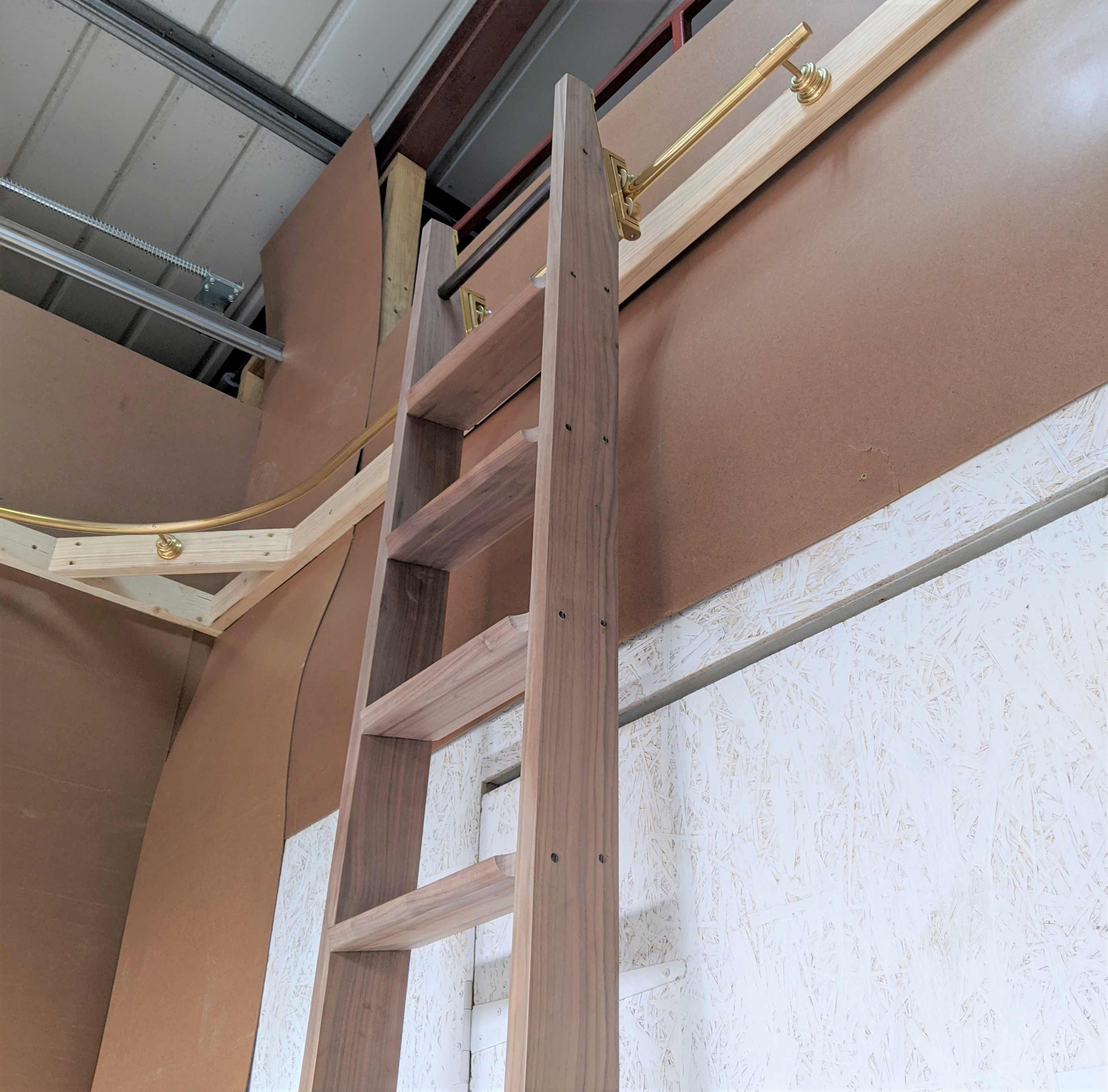 Walnut and Brass Corner Rolling Ladder System - Andrew Nebbett Designs